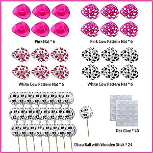 48Pcs Disco Cowgirl Cake Decoration, 24Pcs Disco Ball Cup Toppers 24Pcs Mini Pink Cowgirl Hats Cow Print Cowboy Hats Westen Cowgirl Party Favor Birthday Table Decor