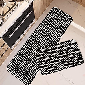 Tayney Black Geometric Kitchen Rugs and Mats Non Skid Washable Set of 2, Grid Diamond Kitchen Runner Rug, Modern Abstract Under Sink Mats for Kitchen Floor Decor
