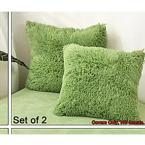 MorroMorn Shaggy Throw Pillow Covers, Luxury Long Faux Fur Pillows Shams, Square Pillow Cases Set, Pack of 2 Pillowcase Decorative Cushion Cover for Bed Couch Soft Zipper Room Decor (Green)