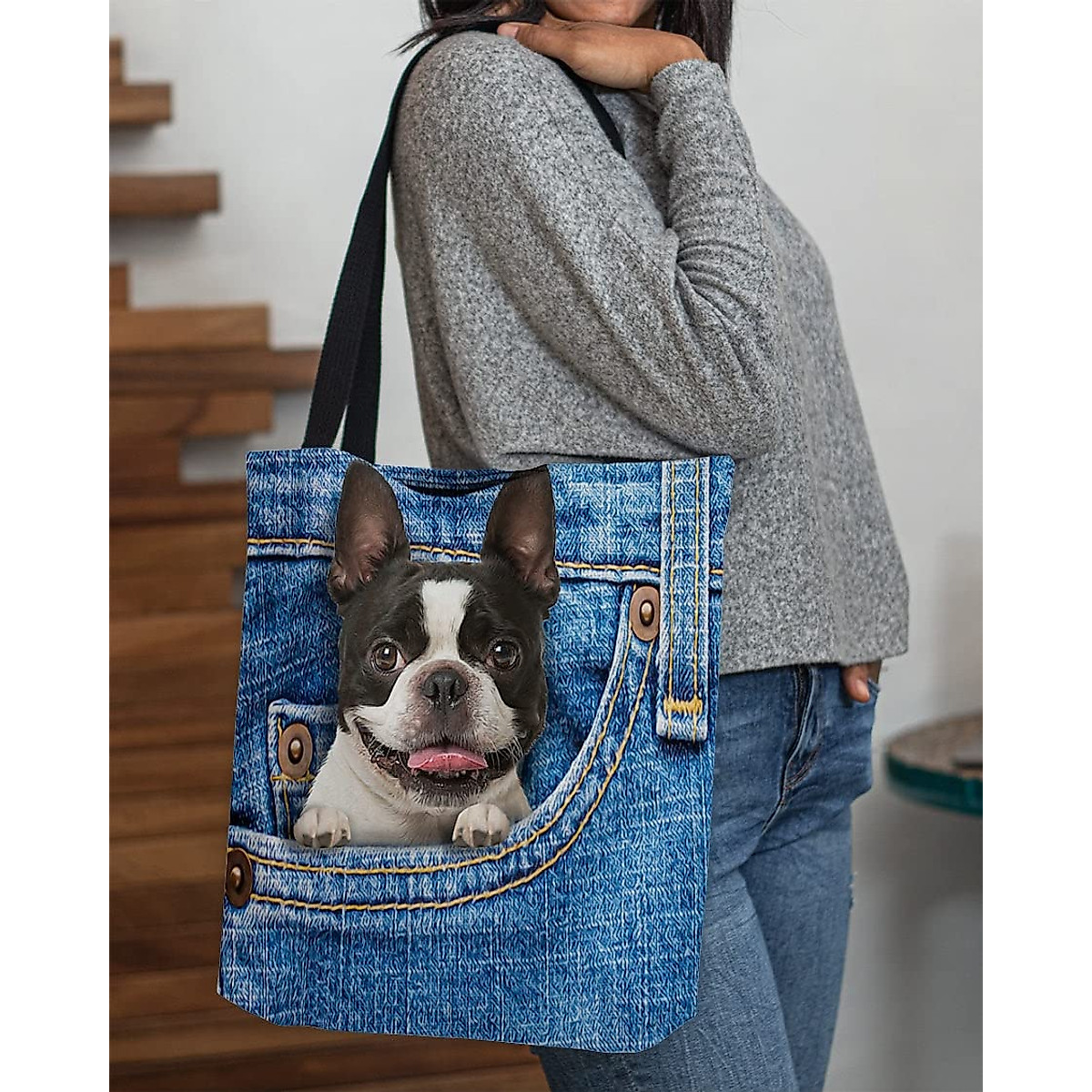 IZI POD NAZENTI Personalized Boston Terrier In Pocket Tote Bag - Custom Print Two Side Tote Bags with Name, Gift for Dog Mom, Women Bag Shoulder, Tote Grocery, Gift for Dog Lover, Girl Handbag