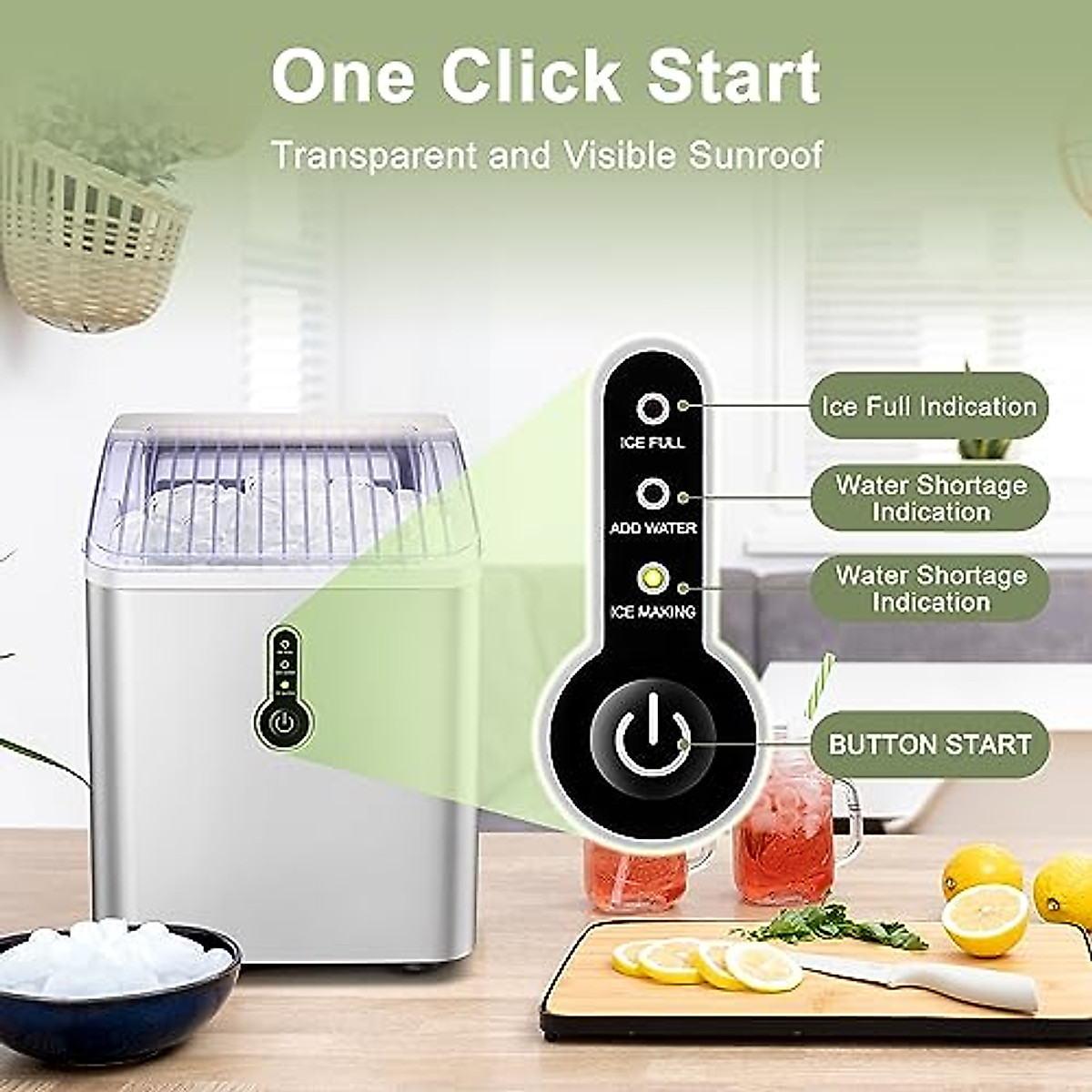 Ice Makers Countertop,Protable Ice Maker Machine with Ice Scoop and Ice Basket,26lbs/24H,9 Bullet Cubes Ready in 8 Mins,for Home/Kitchen/Camping/RV.(Silver)