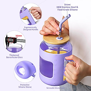 WINSA 50 oz Glass Water Bottles with Silicone Sleeve,Glass Tumbler with Lid and Straw,Iced Coffee Cup with Handle,BPA Free-Purple