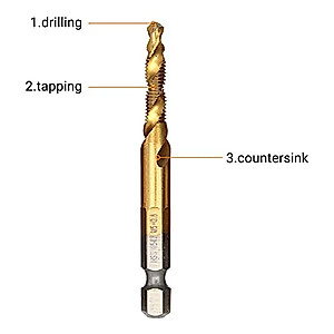 6pcs 1/4" Hex Metric Drill Tap Bit Set, Coated Thread Tap Screw Tapping Drill Bits, High Speed Steel, for Drilling, Tapping, Countersinking, M3, M4, M5, M6, M8, M10
