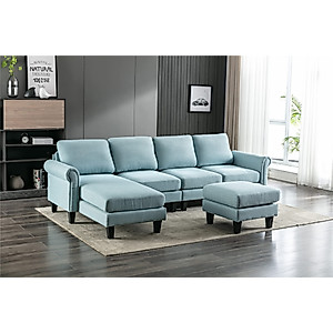 Sectional Sofa Set, Modern U-Shaped Convertible Sectional Couch with Chaise and Movable Ottoman, Linen Upholstered Accent Sofa with Solid Wood Legs and Thick Cushion for Living Room (Light Blue)