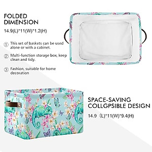 xigua Green Chameleon Storage Basket Foldable Storage Bin, Canvas Rectangular Storage Basket with Leather Handles for Home Closet & Office Decoration