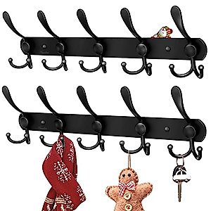 Bjiotun Coat Rack Wall Mounted 2 Pack Wall Hooks Stainless Steel Wall Hanger with 5 Tri Hooks for Hanging Coats Hats Towels Keys (Black)