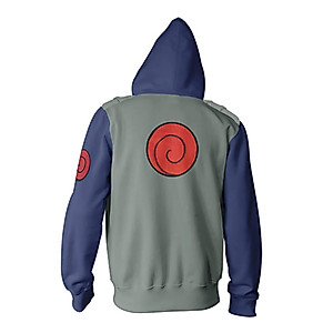 Ripple Junction Naruto Shippuden Men's Full Zip Up Hooded Sweatshirt Kakashi Hatake Anime Zippered Fleece Hoodie Olive Medium