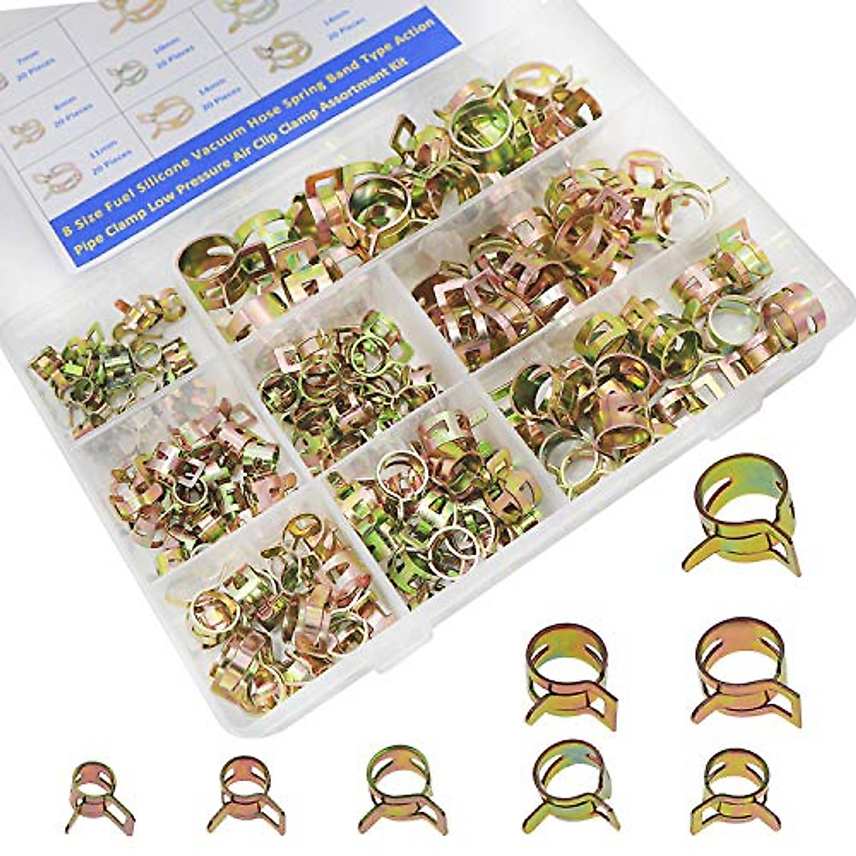 8 Size Spring Band Type Action Fuel/Silicone Vacuum Hose Pipe Clamp Low Pressure Air Clip Clamp Assortment Kit -160Pcs(10 x 7mm 8mm 10mm 11mm 12mm 14mm 16mm 17mm) Yellow