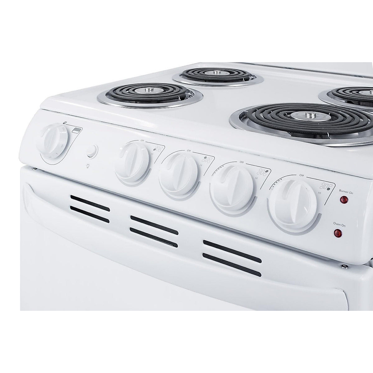 Summit 20" Electric Range, 220V 4 Burner Range, 2.3 cu.ft. oven, White- RE203W