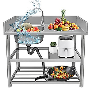 Kitchen Sinks, Single Bowl Kitchen Sinks Stainless Steel Single Bowl Sink, Workstation Farmhouse Sink, Utility Sink with Drainboard, with Cold Hot Faucet, for Garden Bar Laundry FA