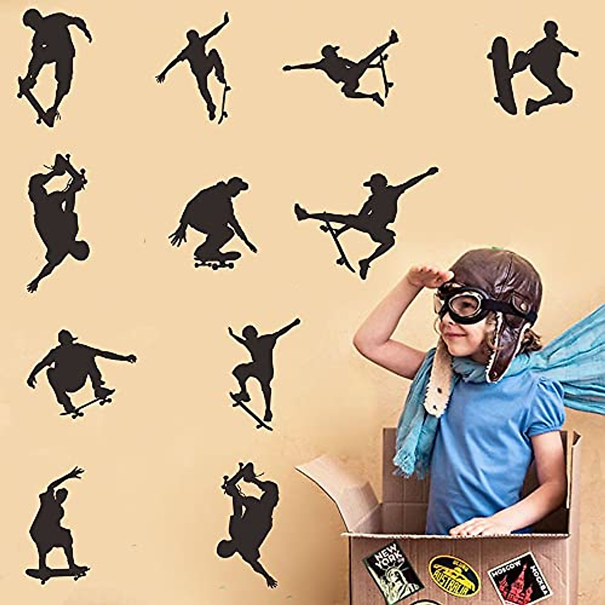 ANFRJJI Skateboard Wall Sticker - 11 Different Skaters Silhouettes in Extreme Actions - Removable PVC Vinyl Decals for Sports Youth Room and Bedroom - Skating Wall Art Mural JWH131 (Black)