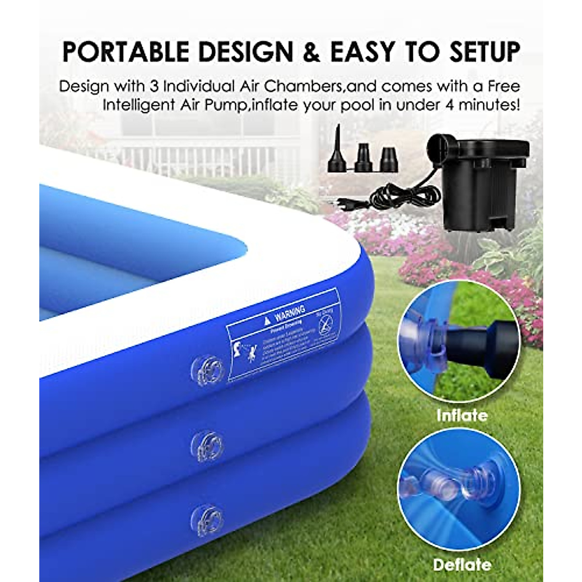 Inflatable Swimming Pool-for Kids & Adults, STATABSTA 120''x72''x22'' Above Ground Pool with Electric Air Pump Full-Sized Family Blow Up Kiddie Pool for Backyard, Garden Backyard Water Party