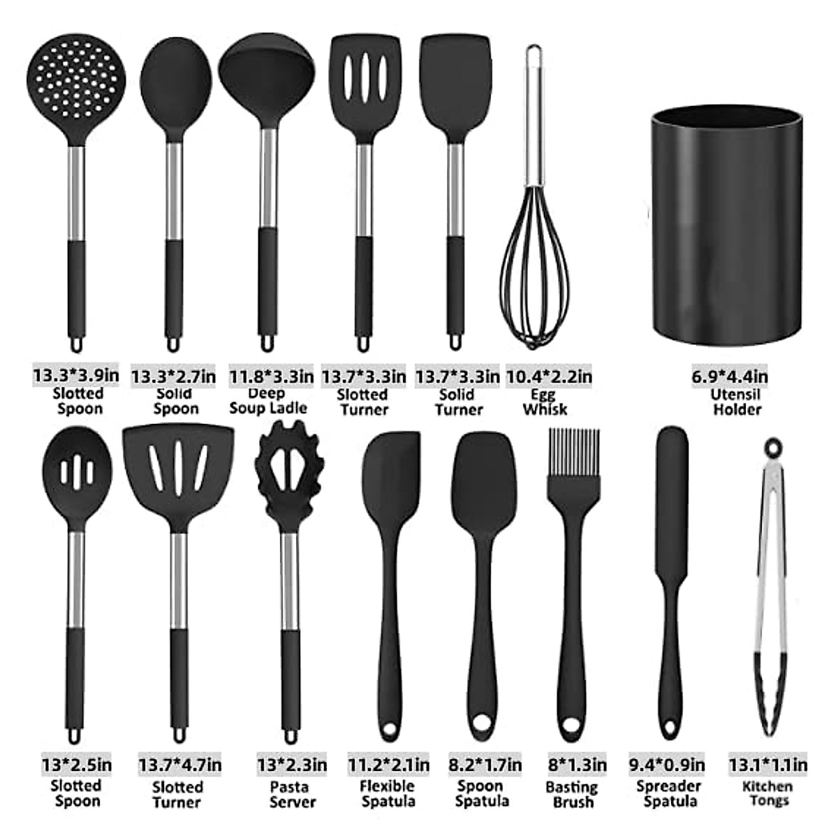 DMFC Kitchen Utensils Set 15 Pieces Kitchenware Supplies Set Silicone Stainless Steel Handle Cooking Nonstick Pot High Temperature Resistant Spatula Spoon Kitchenware. (Black)