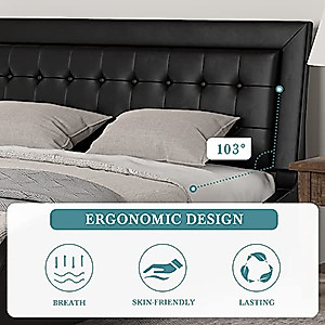 HOOMIC King Size Platform Bed Frame with Adjustable Headboard, Upholstered Bed, Mattress Foundation, Wood Slat Support, No Box Spring Needed, Easy Assembly, Black