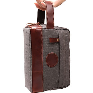 Vintage Leather Canvas Travel Toiletry Bag Shaving Dopp Kit #A001 (Grey)