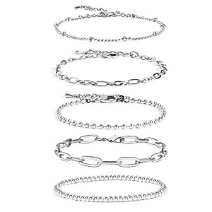 CONRAN KREMIX Silver Chain Bracelet for Women,Stake Layered Dainty Link Paperclip Bracelets Set,Trendy Silver Jewelry For Women