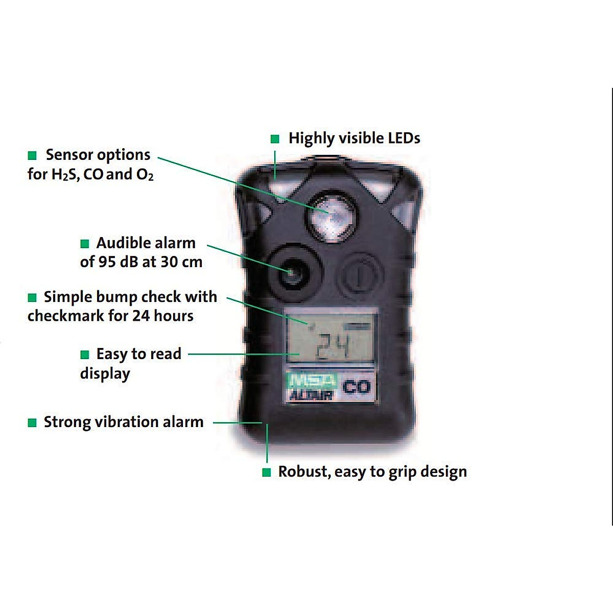 MSA 10092522 ALTAIR Single-Gas Detector - (CO) Carbon Monoxide (Low: 25ppm, High: 100ppm), Color: Black, Portable Gas Monitor, Durable, UL Standard-Approved