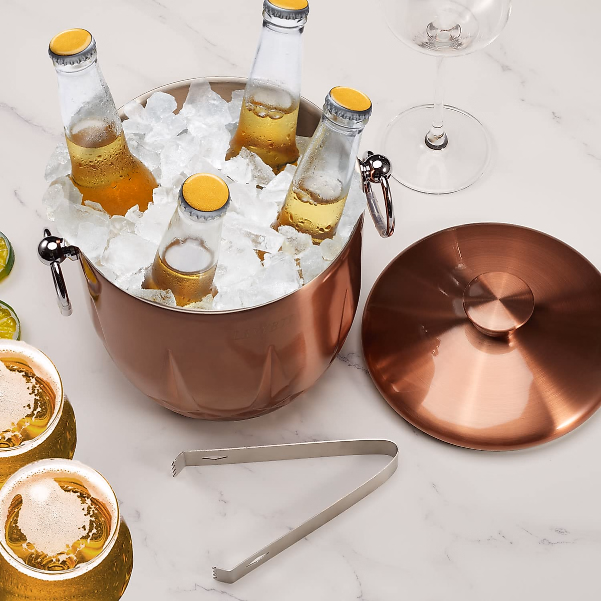 LRYYBTI Ice Bucket with Lid, Double Wall Stainless Steel Insulated ice Bucket, Champagne Bucket, Wine Bucket for Parties, Cocktail bar, Copper, 3L