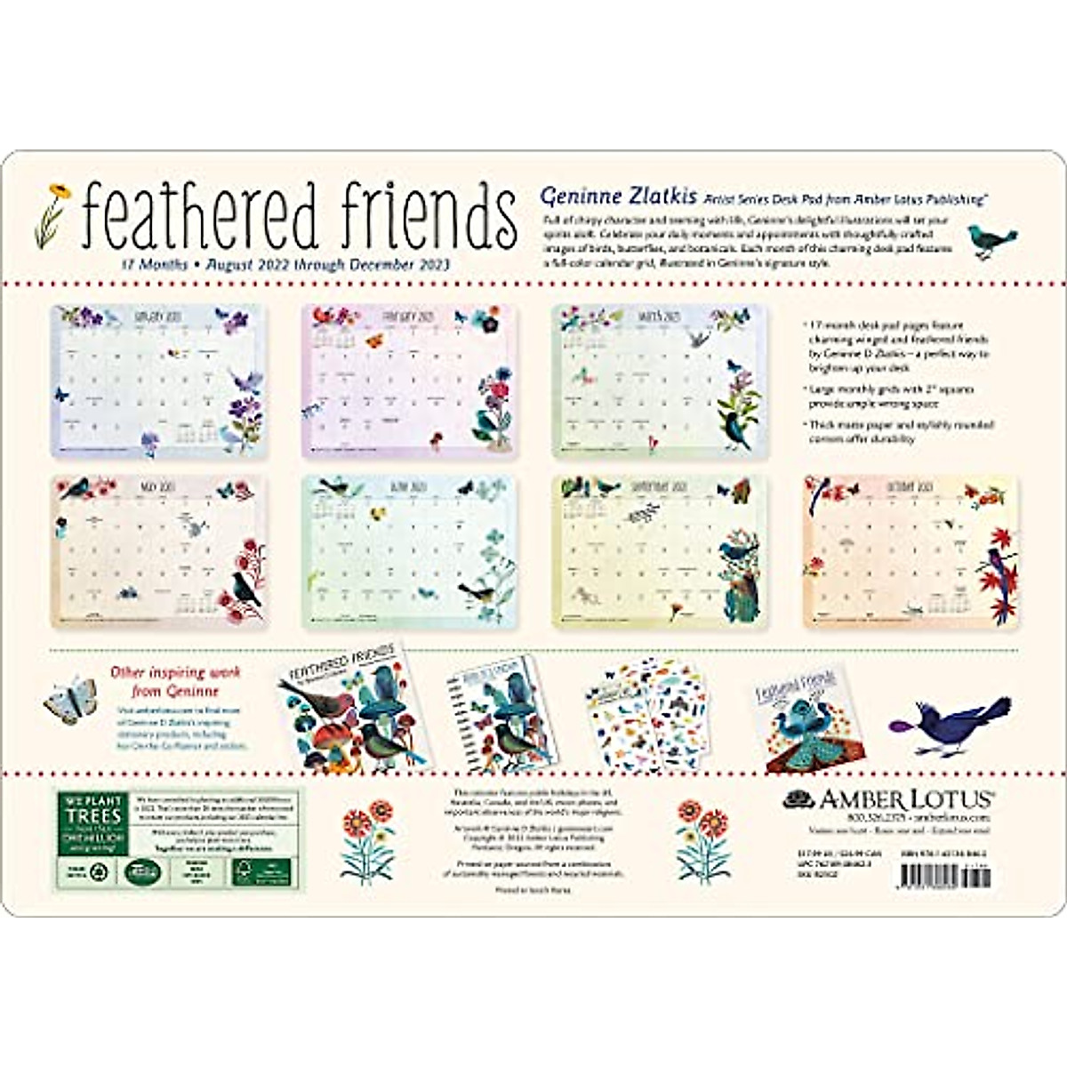Geninne Zlatkis 2022 - 2023 Desk Pad Monthly Calendar (17-Month Aug 2022 - Dec 2023, 18.75" x 13.5"): Feathered Friends