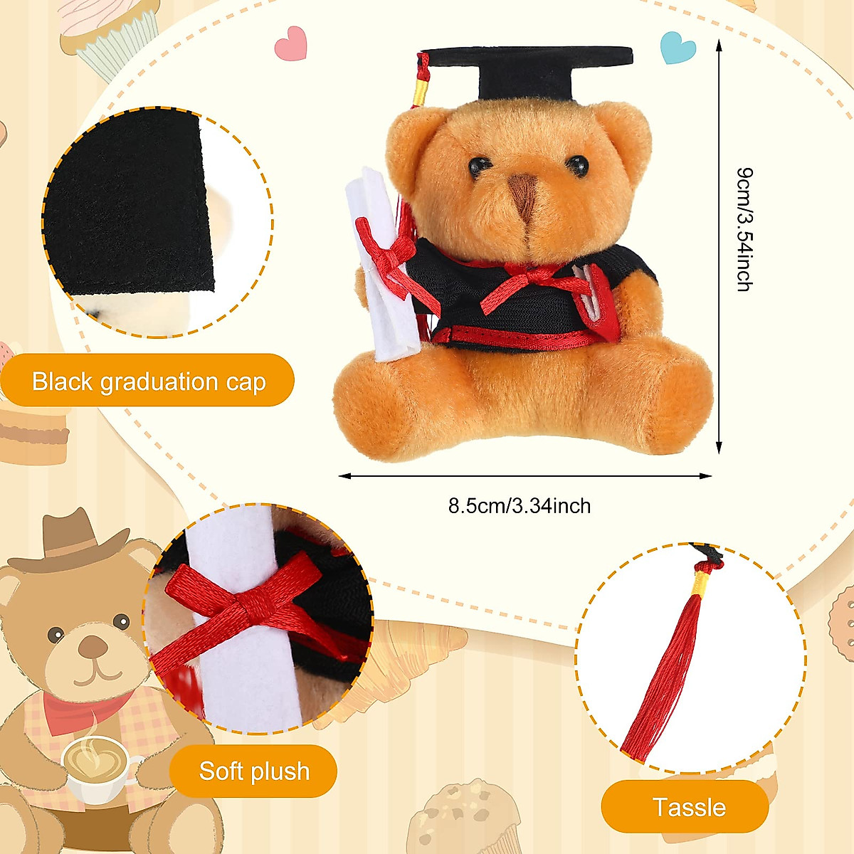 Skylety 6 Pieces Plush Graduation Bears Kindergarten Graduation Stuffed Animal Graduation Bear Graduation Plush Toy with Black Cap and Keychain for Preschool Elementary High School College Graduation