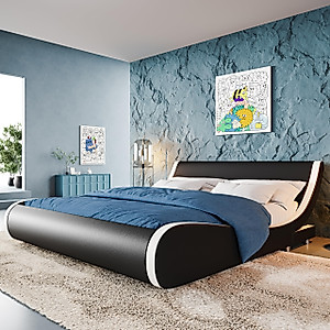 Allewie Upholstered King Size Platform Bed Frame Modern Low Profile Sleigh Bed with Faux Leather Ergonomic Headboard, Wood Slat Support, Easy Assembly, No Box Spring Needed, Black and White