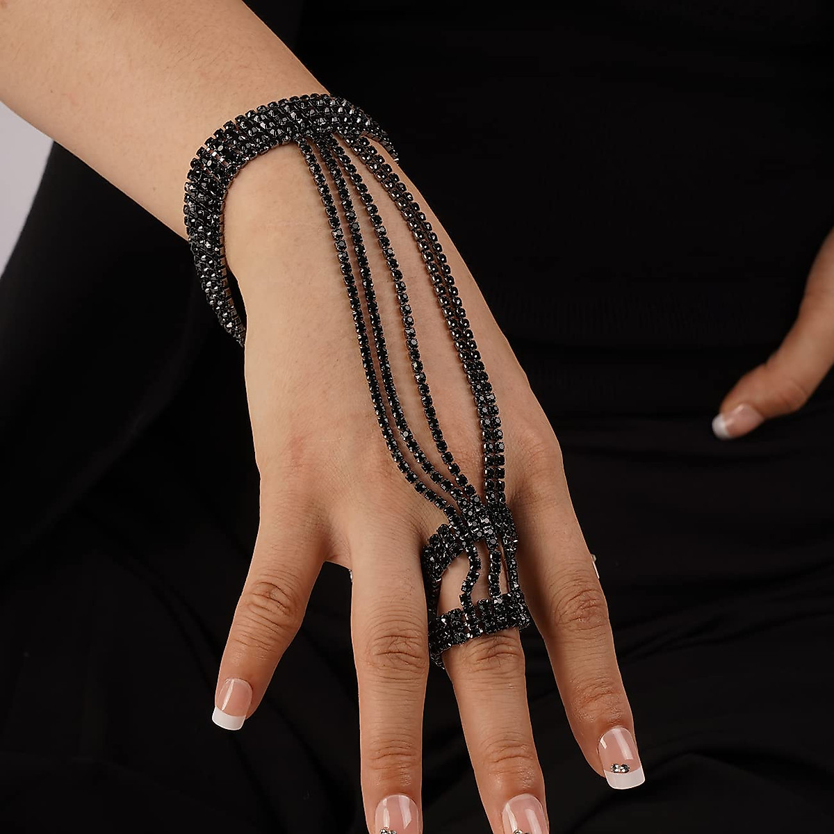 Chargances Black Rhinestone Hand Chain Finger Ring Bracelet Crystal Slave Chain Link Harness Bracelet for Women and Girls Gift Party Wedding Prom Festival (Black)