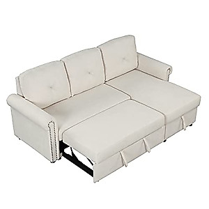 L-Shape Convertible Sectional Sofa with Pull Out Bed,Velvet Upholstery Corner Couch with Storage Chaise Lounge,3 Seater Comfy Small Sofabed with Rivets Dec for Living Room, Home, Apartment