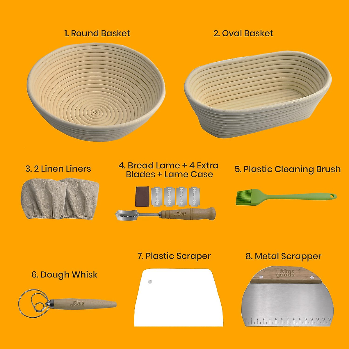 Jims Goods Bread Banneton Proofing Basket Set W/9 Inch Round & 10 Inch Oval Banneton Basket, Homemade Bread Sourdough Starter Kit W/Lame + Lame Case, Dough Scrapper & Whisk, Linen Liner (Set of 2)