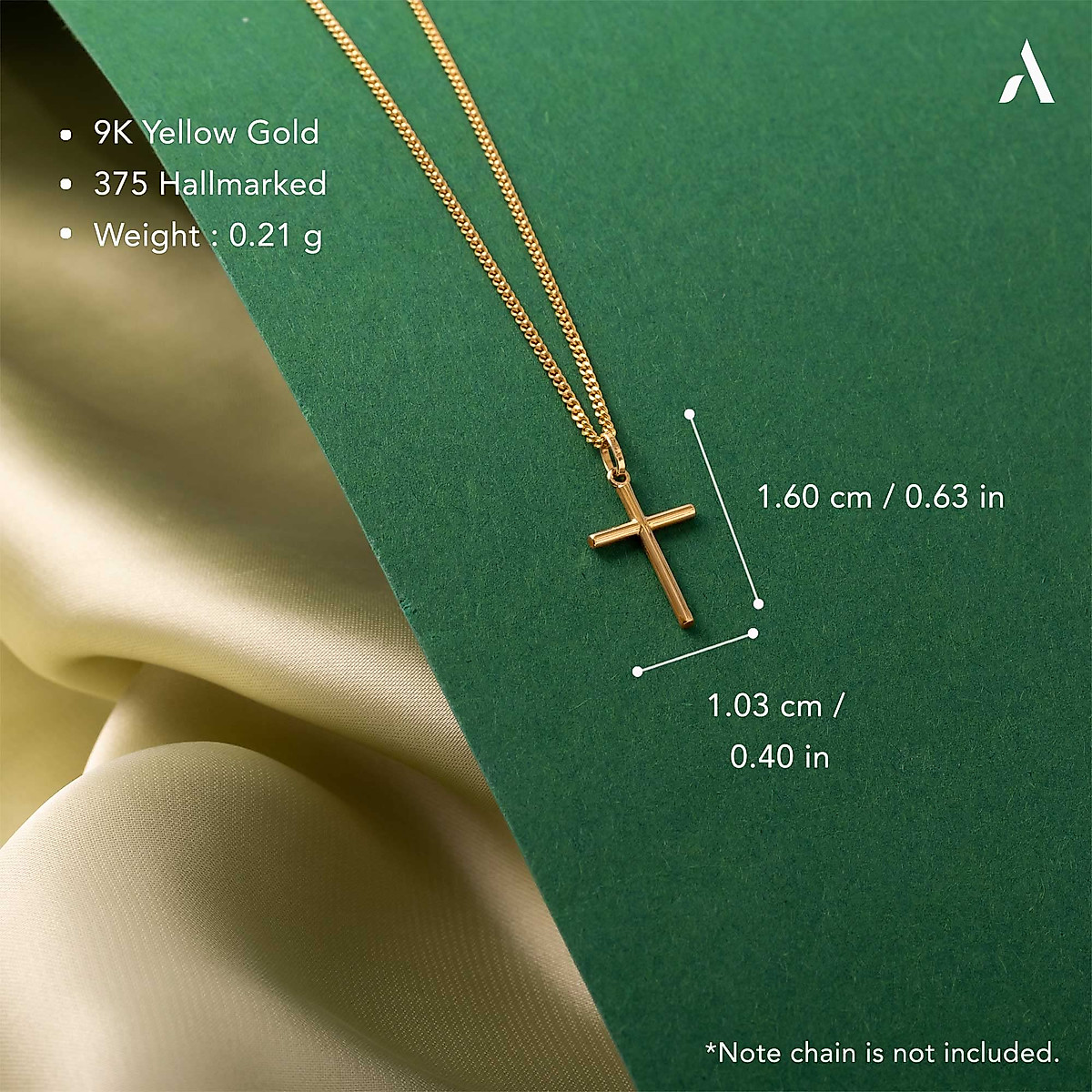 Amberta Allure Unisex 9ct Yellow Gold Cross Pendant: Small Cylindrical Cross Pendant