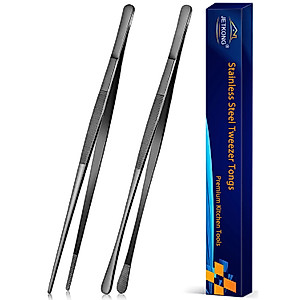 JETKONG 2 Pcs 12-Inch Kitchen Tweezers Tongs with Precision Serrated Tips, Stainless Steel Chef Tweezer Professional Cooking Tweezers for BBQ, Plating and Serving (12-Inch, Black)