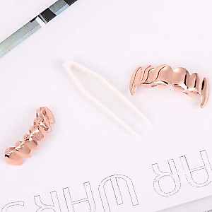 PRETYZOOM Rose Gold Plated Hip Hop Tooth Grillz Cap Top and Bottom Grill Set Vampire Fangs Teeth Grillz
