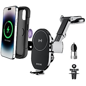 KPON Wireless Charger for Car - Auto Clamping Car Phone Holder Mount Wireless Charging - Dashboard Air Vent Wireless Car Charger Compatible with Popsocket/Otterbox/Thick Cases up to10mm