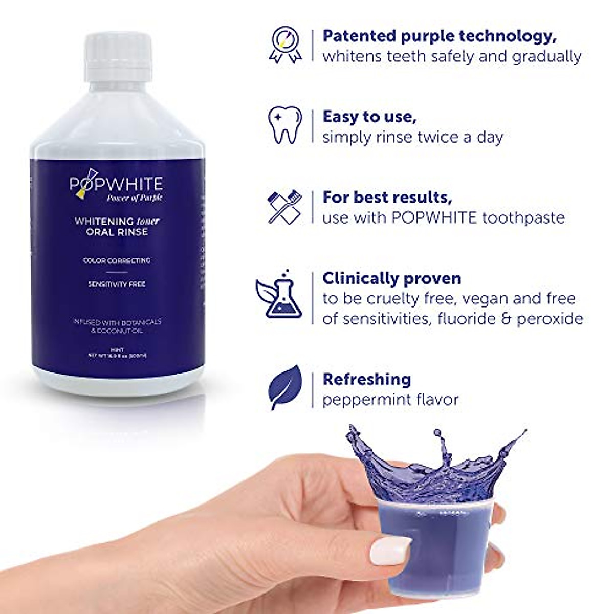 POPWHITE Purple Power Duo Natural Teeth Whitening with 4 oz Primer Toothpaste and 16.9 oz Whitening Toner Oral Rinse, Vegan and PETA Certified, Mint Flavor, USA Made