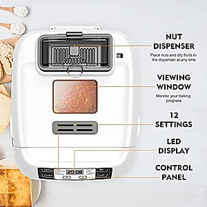 Bread Machine,AUMATE 2LB Bread Maker,with 12 Presets,Gluten-Free Setting,Auto Fruit Nut Dispenser & Nonstick Pan,2 Loaf Sizes,13H Reserve & 1H Keep Warm (Milky White)