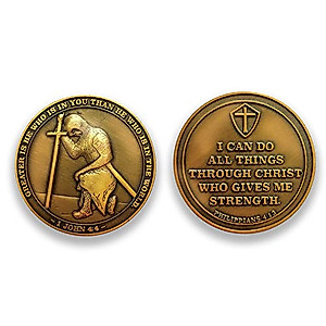 The Task Ahead Coin, I Can Do All Things, Challenge Coins, Antique Gold-Color Plated, Featuring a Kneeling Knight Templar and Philippians 4:15