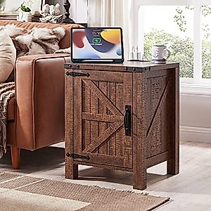 OKD Nightstand w/Charging Station, 18 Inch Farmhouse End Table w/Barn Door and Adjustable Storage Shelf, Rustic Wood Sofa Side Table w/Magnetic Door for Living Room, Bedroom, Reclaimed Barnwood Color