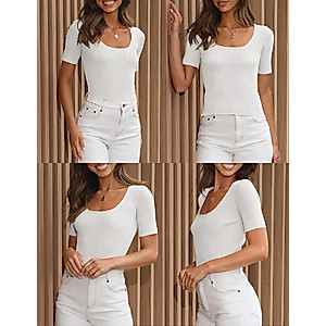 ZESICA Women's 2024 Short Sleeve Square Neck T Shirts Slim Fitted Summer Ribbed Knit Basic Casual Tee Tops,White,Medium