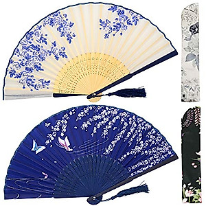 OMyTea Folding Hand Fans for Women - Chinese Japanese Vintage Bamboo Silk Fans - for Hot Flash, EDM, Music Festival, Party, Dance, Performance, Decoration, Wedding, Gift (White Rose & Blue Sakura)
