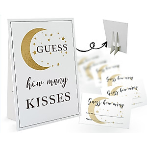 Guess How Many Kisses Are in the Jar Game-1 Standing Sign and 50 Guessing Cards, Golden Moon Bridal Shower Games, Baby Shower Sign, for Boys Girls Baby Shower Favors and Weddings Party Decoration-18