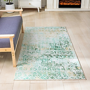 Carvapet 3x5 Green Boho Moroccan Entryway Rug - Soft Washable Farmhouse Area Carpet, Non-Slip Rug for Living Room, Bedroom, Dining Room - Modern Stylish Home Decor
