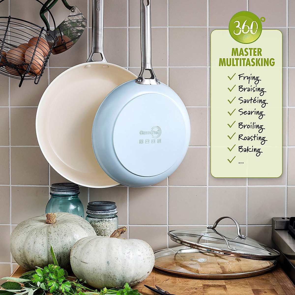 GreenPan Padova Hard Anodized Healthy Ceramic Nonstick, 8" and 10" Frying Pan Skillet Set, PFAS-Free, Dishwasher Safe, Light Blue