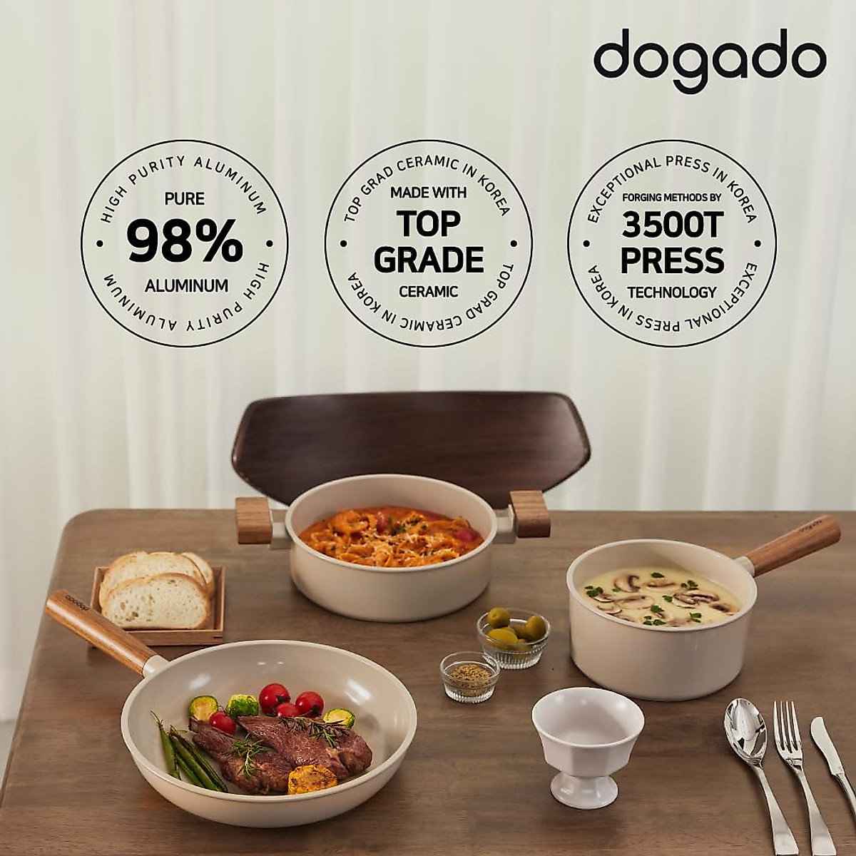 dogado Organic Frying Pan & Pot with Wood Handle, Nonstick Ceramic Cookware, Multipurpose Skillet, Sand Beige (Frying Pan)