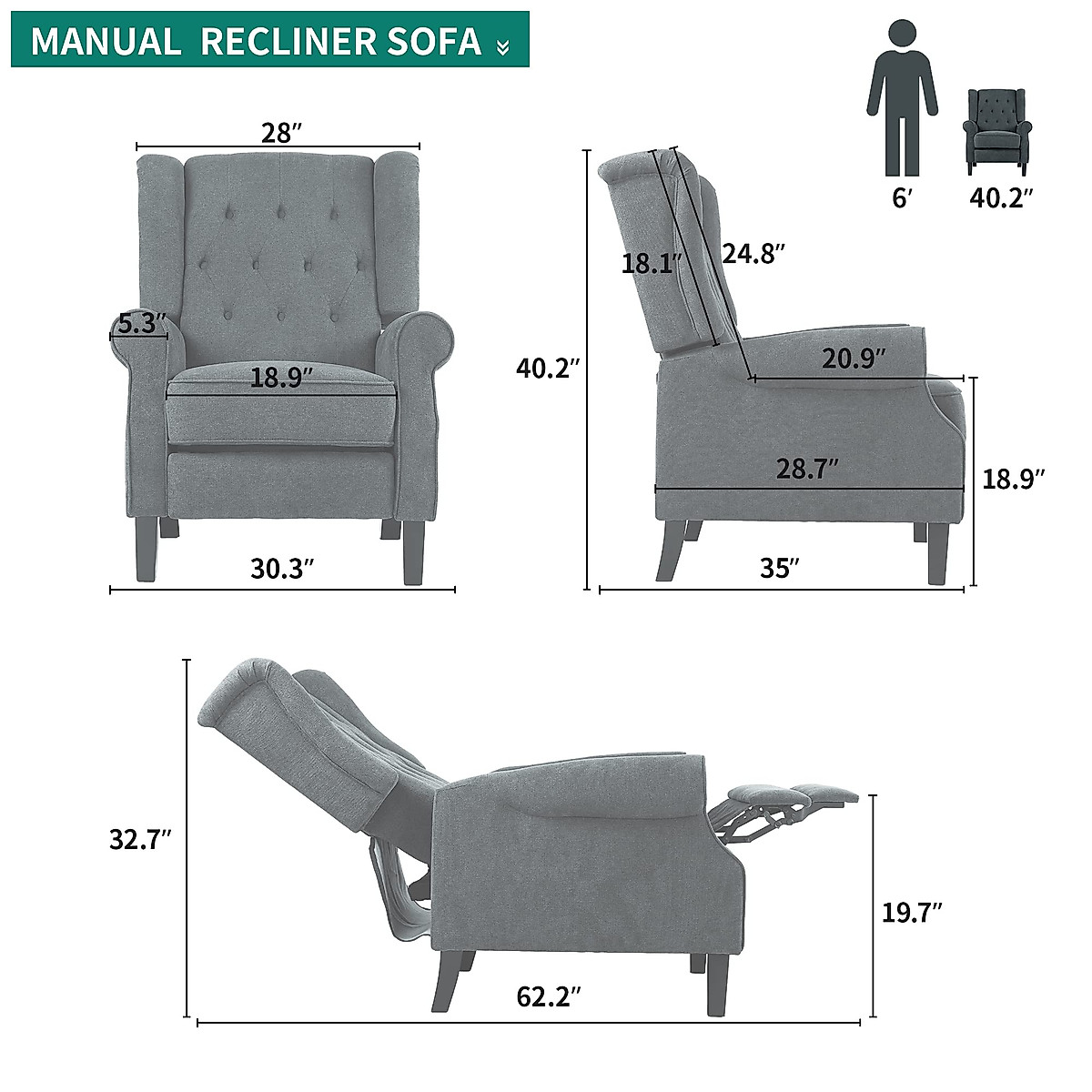 YITAHOME Wingback Recliner Chair, Push Back Recliner with High Back, Upholstered Tufted Accent Lounge Armchair Single Sofa Adjustable for Living Room, Grey