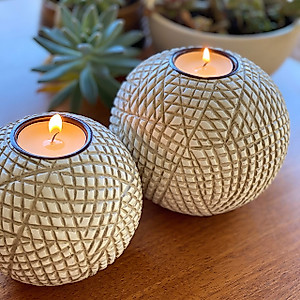 Luca Orb Candle Holders (Gift Boxed Set of 2), Table Centerpieces for Dining or Living Room, Spa, Bathroom, Kitchen Counter, Mantle or Coffee Table Decor (Grid Pattern, Beige and White)