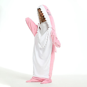 Shark Blanket for Adult & Kids - Cozy and Warm Wearable Shark Blanket Hoodie Onesie - Cute and Funny Cartoon Shark One-Piece Blanket Flannel Hoodie, Pink (L)