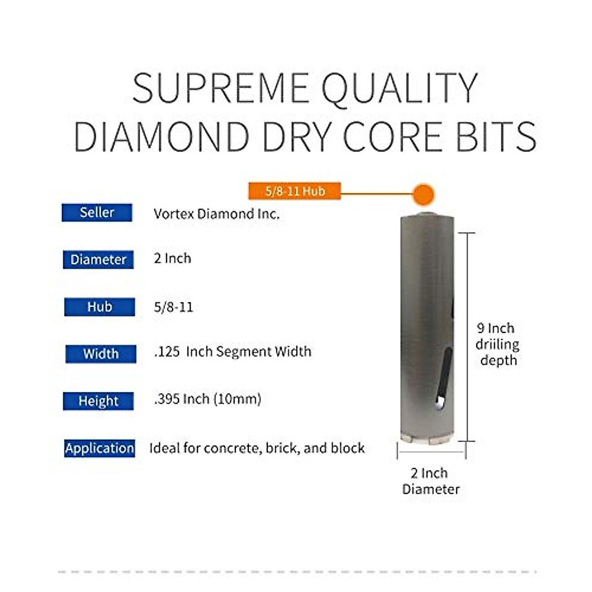 VORTEX DIAMOND WPDB 2 inch Dry Drill Core Bits with Diamond Aligned Segment for Brick Concrete Masonry 5/8 in -11 Threaded (2 in ), Black