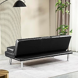 Convertible Sofa Bed Adjustable Couch Sleeper Modern Home Recliner Reversible Loveseat Folding Daybed Guest Bed for Living Room,PU,2 Cup Holders,3 Angles,Metal Legs,600lb Capacity