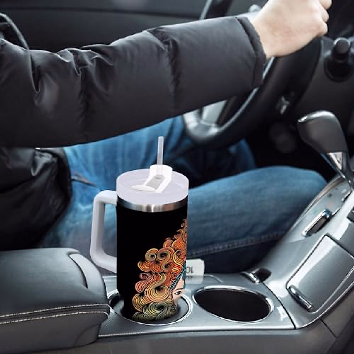 RPLIFE Intricate Hairstyles Black 40 Oz Tumbler with Handle, Stainless Steel Tumbler with Straw, Coffee Tumbler for Women