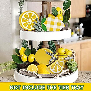 Lemon Tiered Tray Block Decor Summer Farmhouse Wooden Pieces Lemonade Yellow Buffalo Plaid Farmhouse 3D Stand Rustic Kitchen Decoration Signs Summer Gift Ideas Set of 4