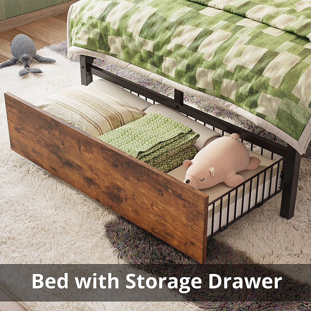 LIKIMIO Twin Bed Frames with Drawer, Storage Headboard with Outlets, No Box Spring Needed, Easy Assembly, Vintage Brown
